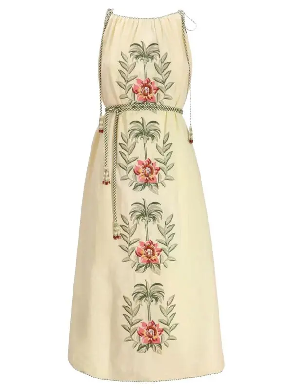 Farm Rio Tropical Flower Embroidered Midi Dress - Neutrals