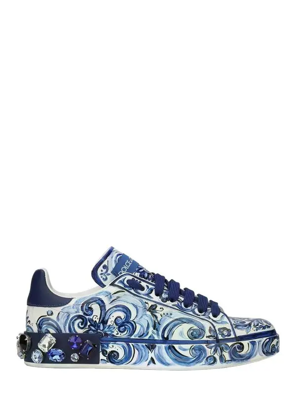 Dolce & Gabbana Portofino Majolica-print Leather Sneakers - Blue