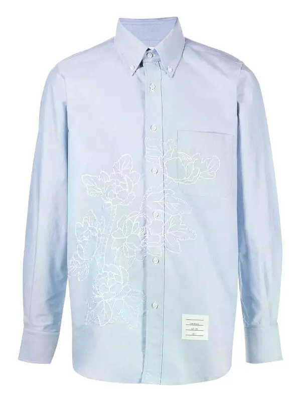 Thom Browne Floral-embroidered Long-sleeve Shirt - Blue
