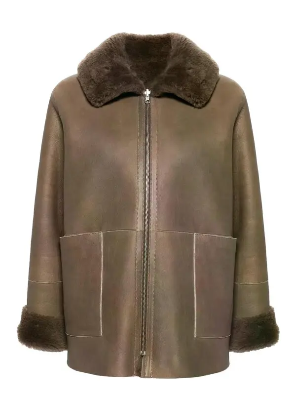 LISKA Spread-collar Leather Coat - Brown