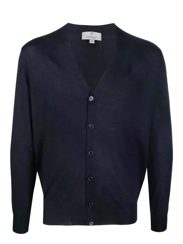 Canali V-neck Fine Knit Merino Cardigan - Blue