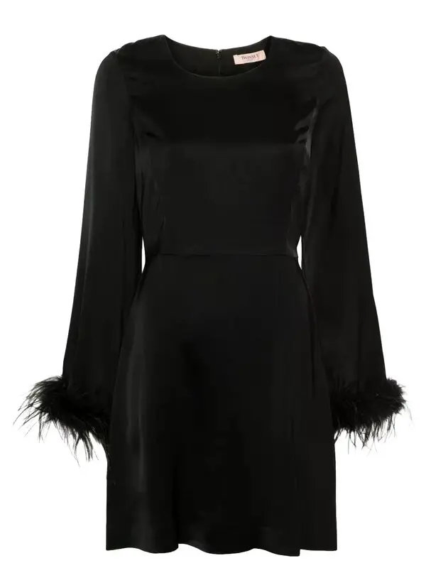 TWINSET Feather-trim Satin Mini Dress - Black
