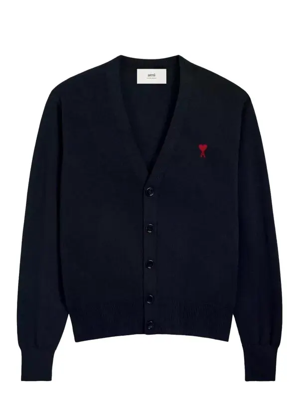 AMI Paris De Coeur Embroidered Merino Cardigan - Blue