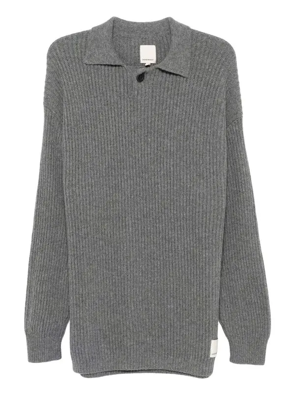 Emporio Armani Ribbed Knit Wool Polo Sweater - Grey