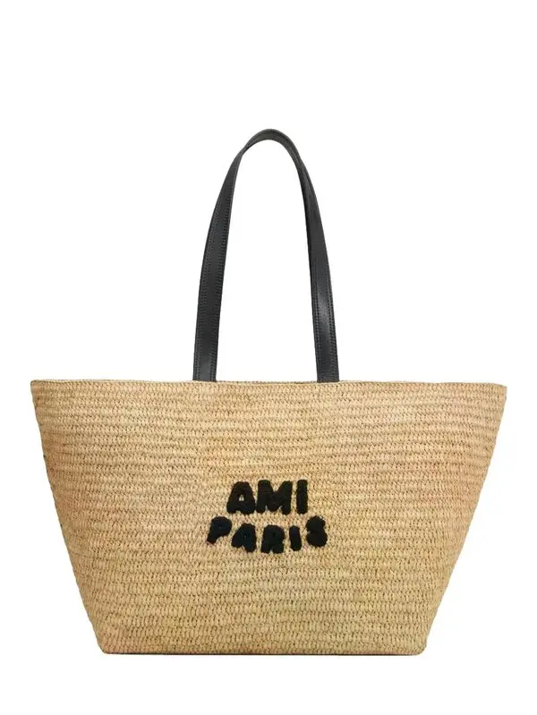 AMI Paris Raffia Tote Bag With Logo Patch - Neutrals