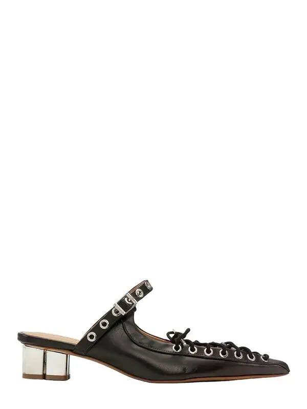 GANNI Lace-up Leather Mules With Silver-tone Block Heel - Black