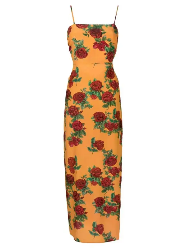 AMIR SLAMA Silk Rose-print Midi Dress - Orange