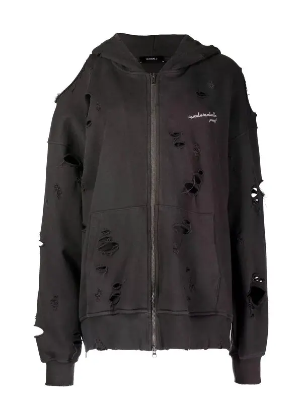 Goen.j Distressed Embroidered Logo Hoodie - Grey