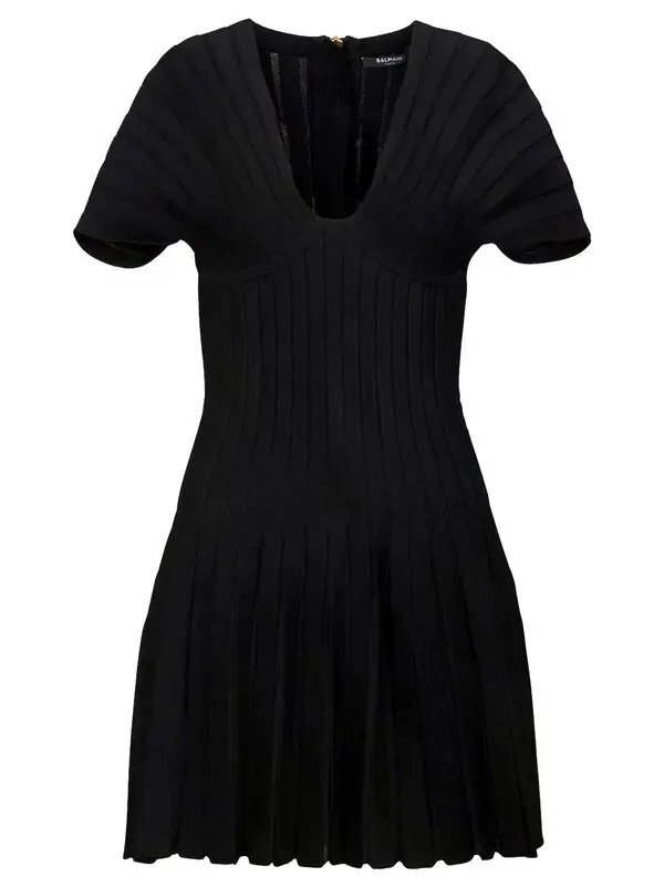Balmain Pleated Mesh Mini Dress - Black