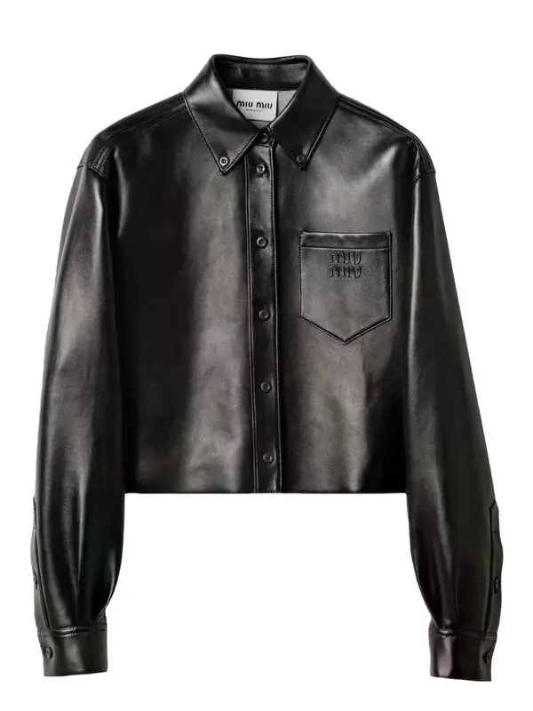 Miu Miu Leather Shirt Jacket With Raw-cut Details - Black
