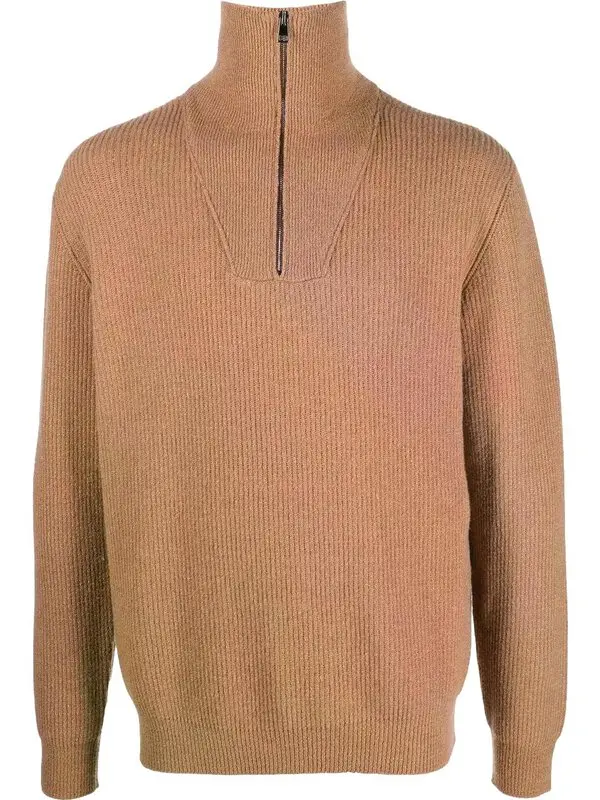 ROBERTO COLLINA Half Zip Ribbed Jumper - Brown