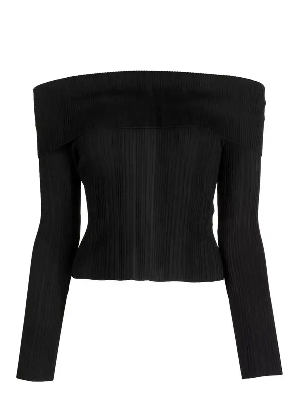 SELF-PORTRAIT Ribbed Off-shoulder Blouse - Black