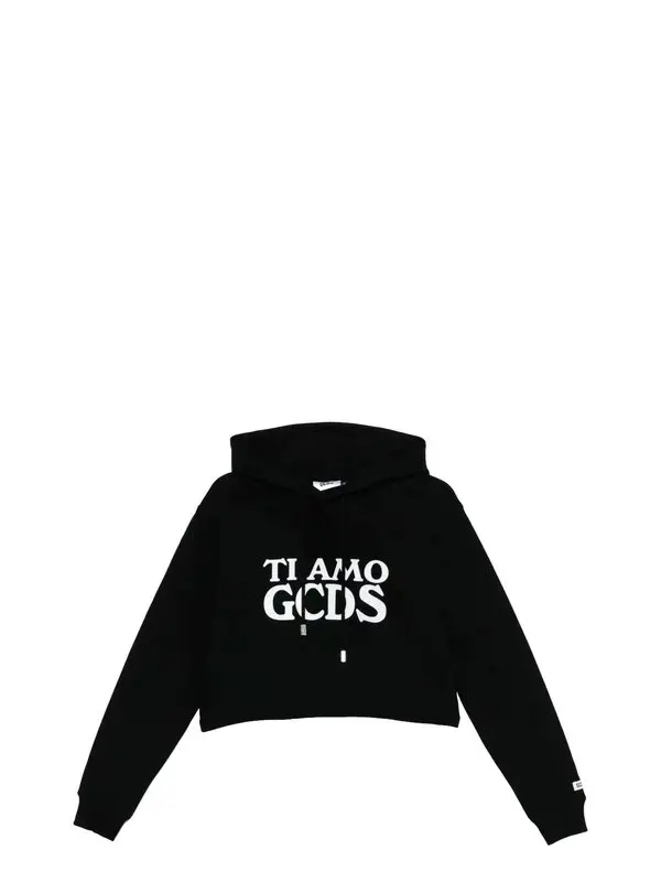 Gcds Ti Amo-print Cropped Hoodie - Black