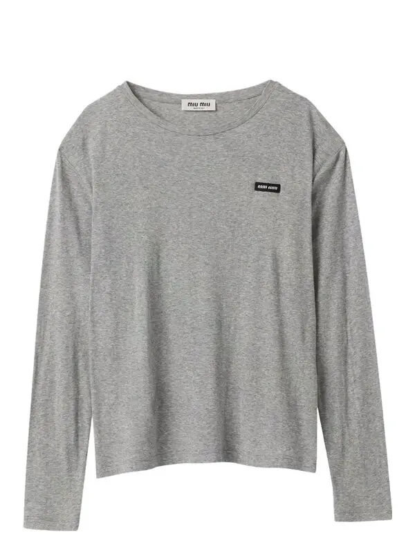 Miu Miu Long Sleeve Ribbed Jersey T-shirt With Logo Patch - Grey