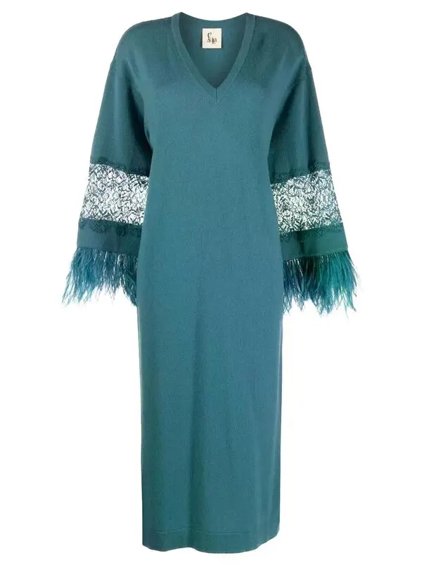 PAULA Floral-lace Detail Knitted Dress - Blue