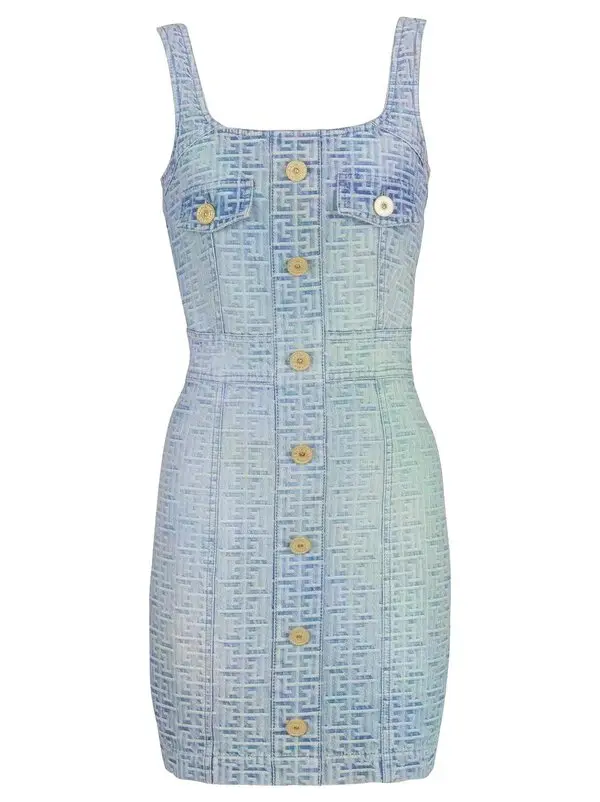 Balmain All-over Monogram Denim Dress - Blue