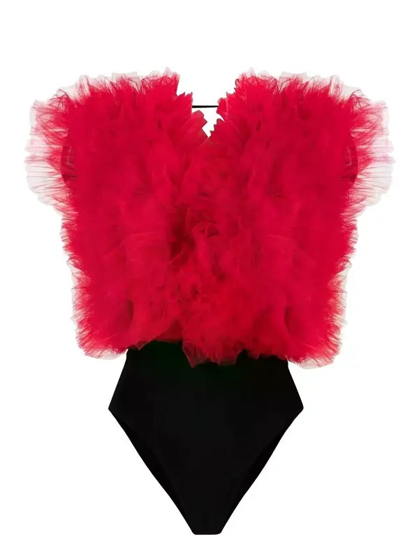 Alchemy Fashions Ruffled-trim Sleeveless Bodysuit - Red