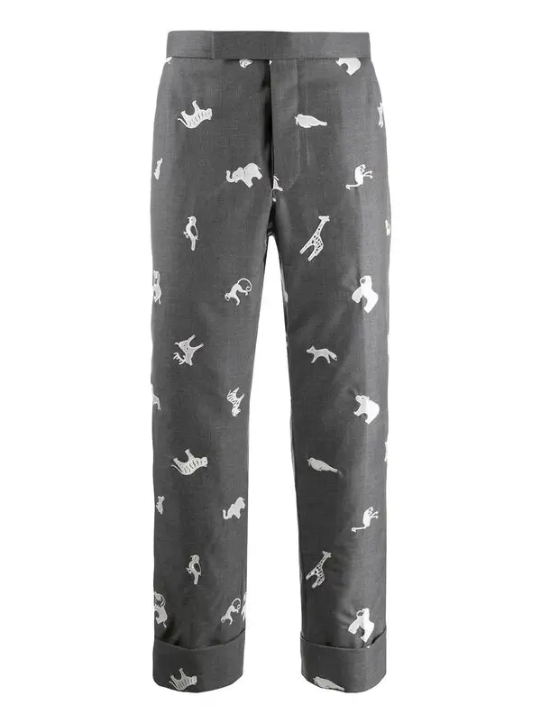 Thom Browne Animal-embroidered Cropped Trousers - Grey