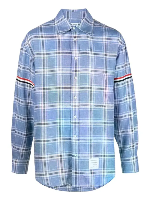 Thom Browne Rwb Stripe Checked Linen Shirt - Blue
