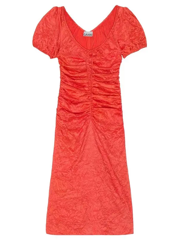 GANNI Ruched Midi Dress - Red