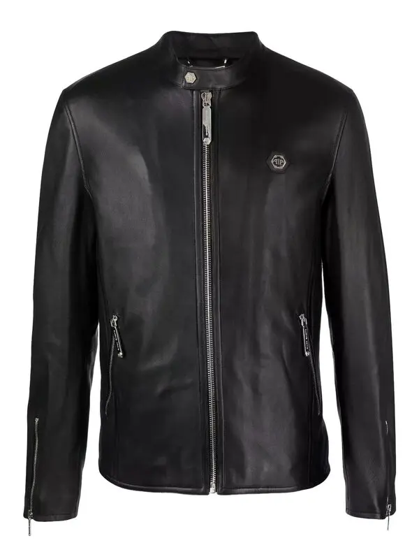 Philipp Plein Logo Zipped Biker Jacket - Black