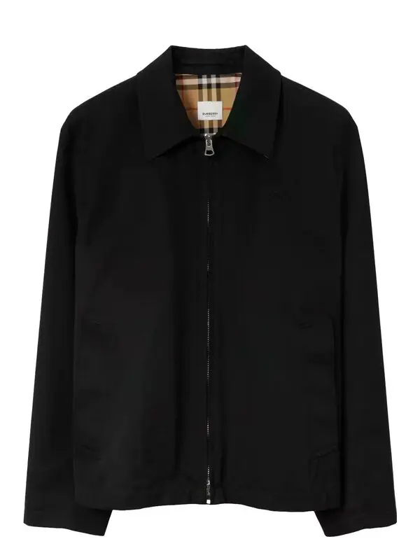 Burberry Gabardine Harrington Jacket With Embroidered Logo - Black