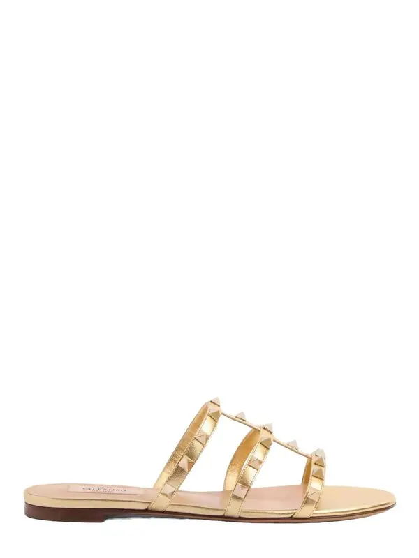 Valentino Garavani Rockstud Laminated Nappa Leather Flat Sandals - Gold