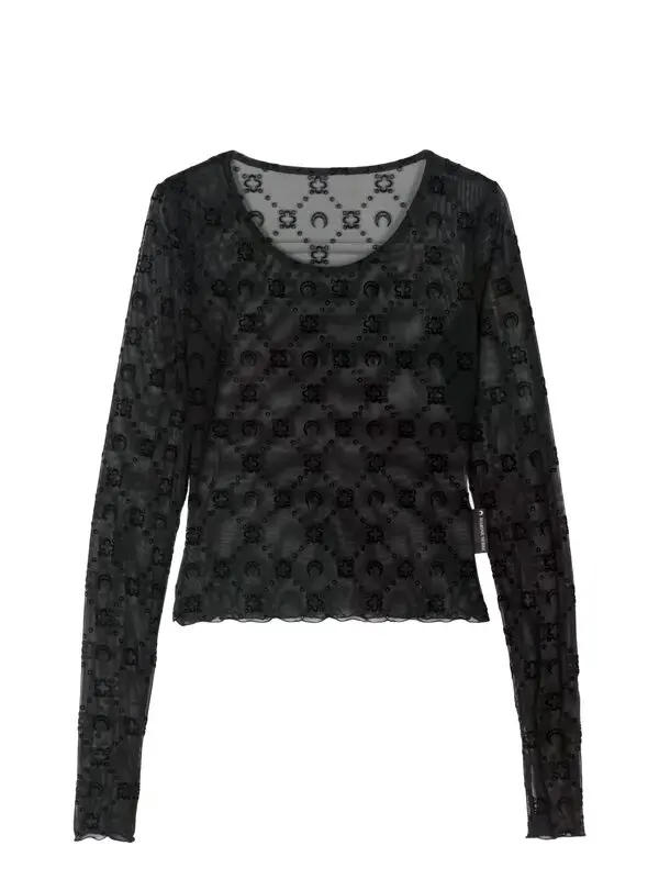MARINE SERRE Flocked Monogram Sheer Mesh Cropped Top - Black