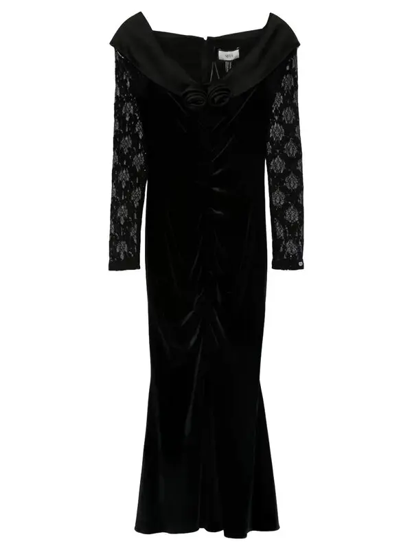 NISSA Floral-appliqué Velvet Midi Dress - Black