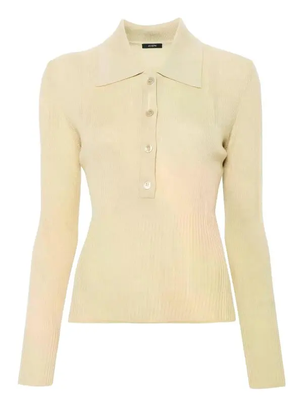 JOSEPH Ribbed Merino Wool Polo Top - Neutrals