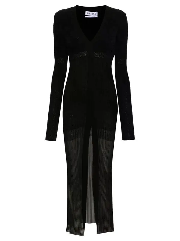 Attico V-neck Ribbed Knit Midi Dress - Black