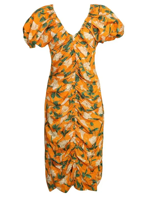 Agua Bendita Floral-print Ruched Dress - Orange
