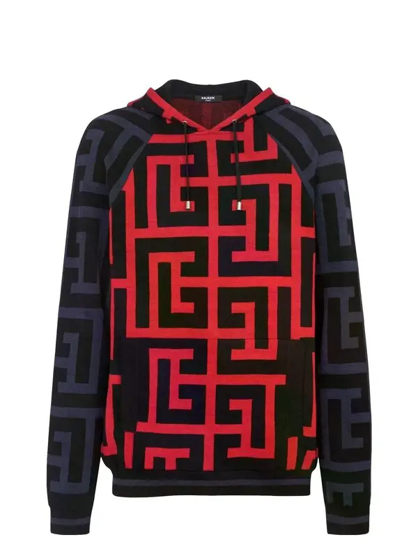 Balmain Monogram-print Drawstring Hoodie - Blue