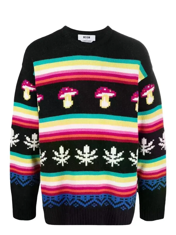 MSGM Patterned Jacquard Crew-neck Jumper - Black