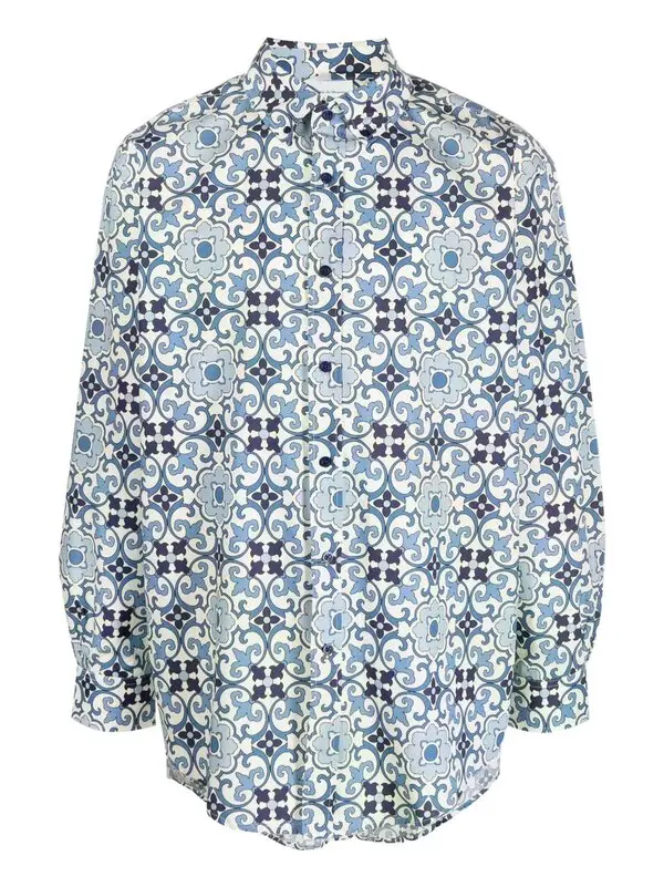 Drole De Monsieur Faïence Geometric-print Cotton Shirt - Blue