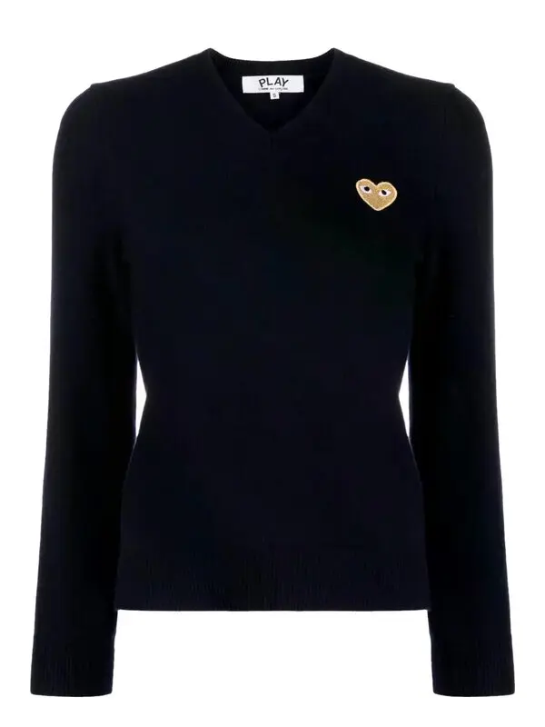 Play Comme Des Garcon Heart-patch V-neck Wool Sweater - Blue