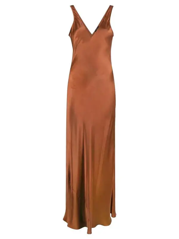 Voz Silk V-neck Long Dress - Brown