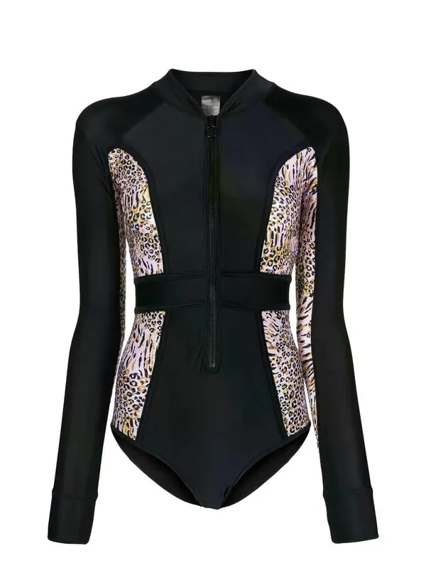 DUSKII Leopard-print Long-sleeve Surf Suit - Black
