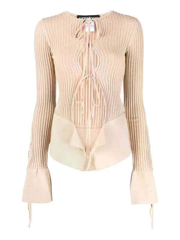ANDREĀDAMO Tie-fastening Long-sleeve Knitted Top - Neutrals