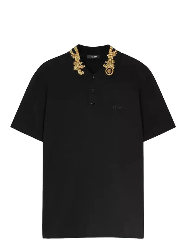 Versace Barocco Leaf Embroidered Polo Shirt - Black