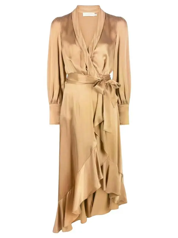 Zimmermann Long-sleeve Wrap Silk Midi Dress - Neutrals