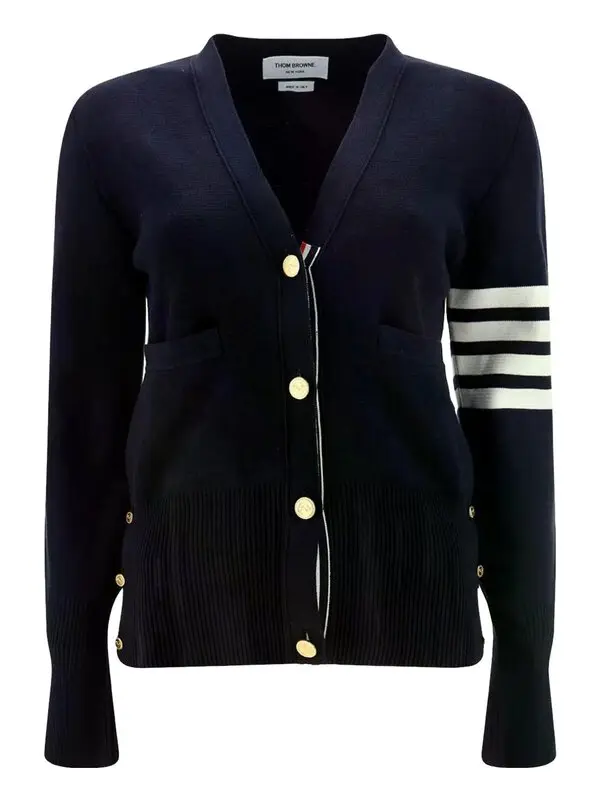 Thom Browne V-neck Cardigan With Four-bar Stripes - Blue