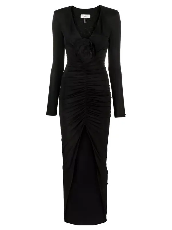 NISSA Floral-appliqué Ruched Maxi Dress - Black