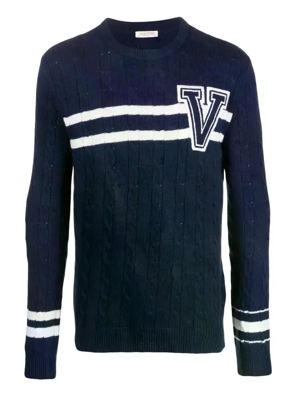 Valentino Garavani Embroidered-logo Striped Wool Jumper - Blue