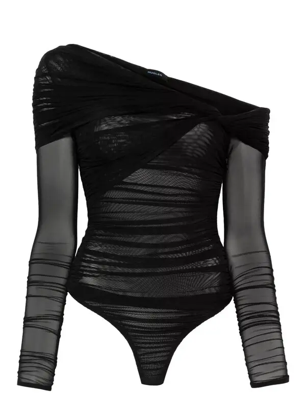MUGLER Off-shoulder Ruched Bodysuit - Black