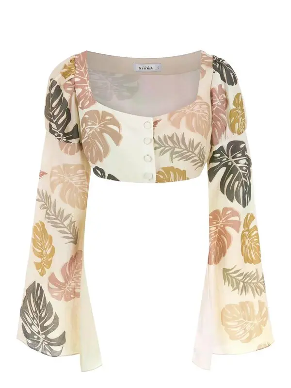AMIR SLAMA Palm Leaf Print Cropped Shirt - Neutrals