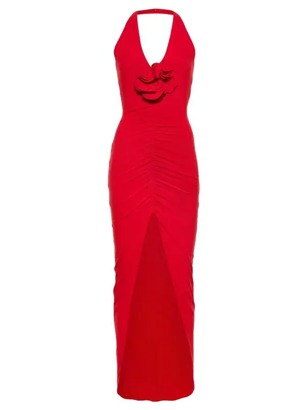 NISSA Floral-appliqué Ruched Gown - Red