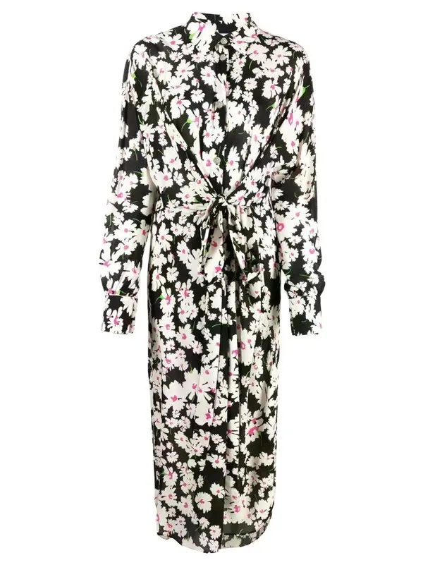 MSGM Floral-print Tie-fastening Cady Midi Dress - Black