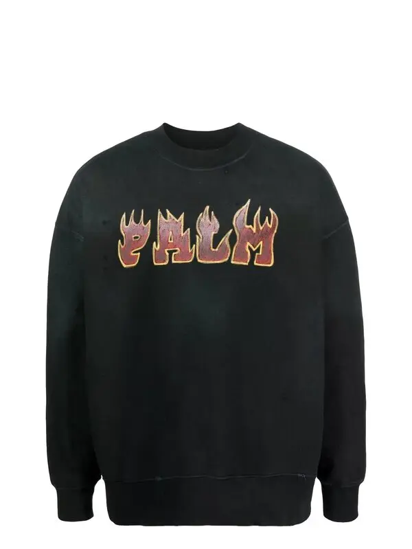 Palm Angels Logo Flames Cotton Sweatshirt - Black