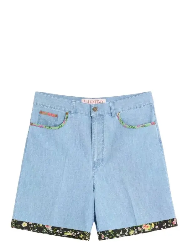Valentino Garavani Denim Bermuda Shorts With Floral Print Hem - Blue
